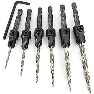 FTG USA Wood Countersink Drill Bit Set 6 Sizes #4 to #14 Set Countersink HSS M2 Tapered Drill Bits, Quick Change 1/4" Hex Shank Countersink bit, with 6 Storage Containers, 1 Allen Wrench