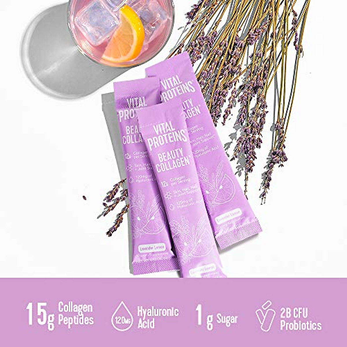 Vital Proteins Beauty Collagen Peptides Powder Supplement for Women, 120mg of Hyaluronic Acid - Enhance Skin Elasticity & Hydration, 12g of Collagen Per Serving, Lavender Lemon - Stick Packs 14ct