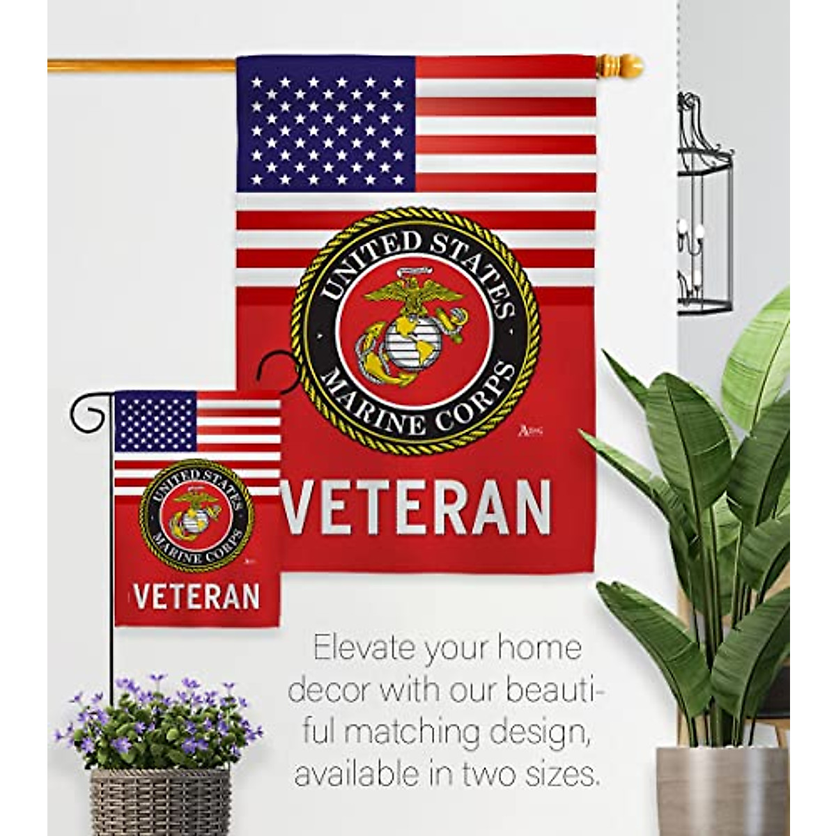 US Marine Corps Veteran Garden Flag - Set with Stand Armed Forces USMC Semper Fi United State American Military Retire Official - House Banner Small Yard Gift Double-Sided Made in USA 13 X 18.5