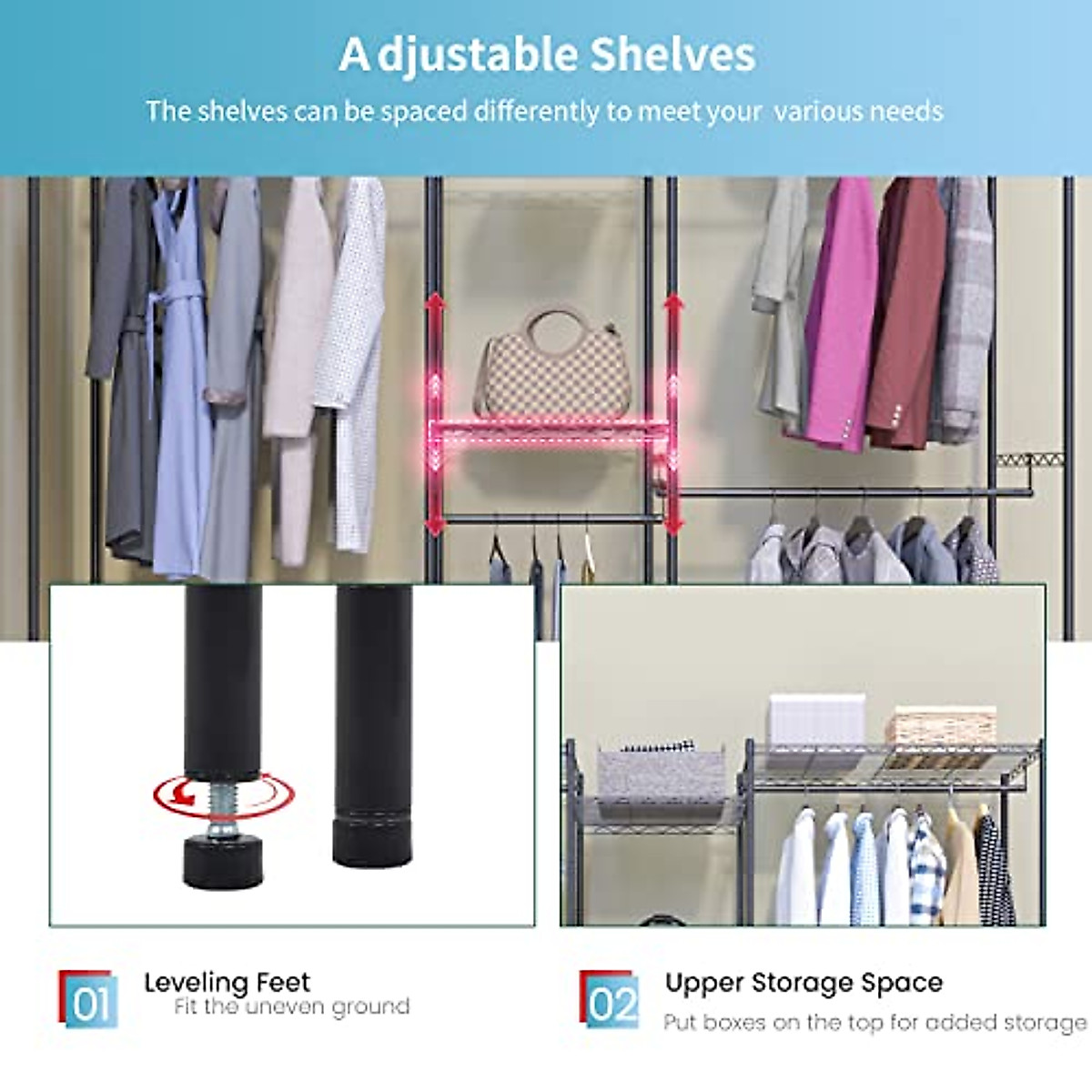 Garment Rack Metal Clothes Rack Large Armoire Storage Portable Closet Shelves Wire Clothing Rack Multiple Assembly Methods with 4 Hanger Rod 4 Large Shelves 3 Small Shelves, Max Load 830 LBS, Black