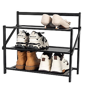 COMAX Folding Bamboo Shoe Rack for Entryway Small Space, Installation-Free Foldable Shoes Storage Organizer, Free Standing Three Shelf Shoe Stand for 6-9 Pairs, Small Shoe Rack 3 Tier 20 Inch Wide