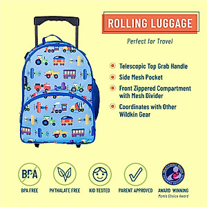 Wildkin Kids Rolling Luggage for Boys and Girls, Carry on Luggage Size is Perfect for School and Overnight Travel, Measures 16 x 12 x 6 Inches (Trains, Planes, and Trucks)