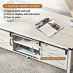 HOMFAMILIA Farmhouse Coffee Table with Sliding Barn Doors & Storage, White Rustic Wooden Center Rectangular Tables w/Adjustable Cabinet Shelves, for Bedroom, Home Office, Living Room