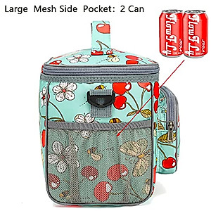 FlowFly Insulated Reusable Lunch Bag Adult Large Lunch Box for Women and Men with Adjustable Shoulder Strap,Front Zipper Pocket and Dual Large Mesh Side Pockets,Cherry