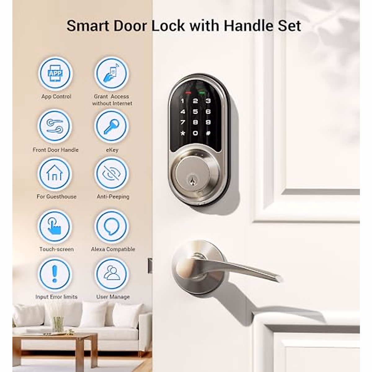 Veise Smart Locks for Front Door, 2 Lever Handle Set, Keyless Entry Deadbolt, App Control, Electronic Digital Touchscreen Keypad, Auto Lock, IP54 Waterproof, Easy Installation, Satin Nickel