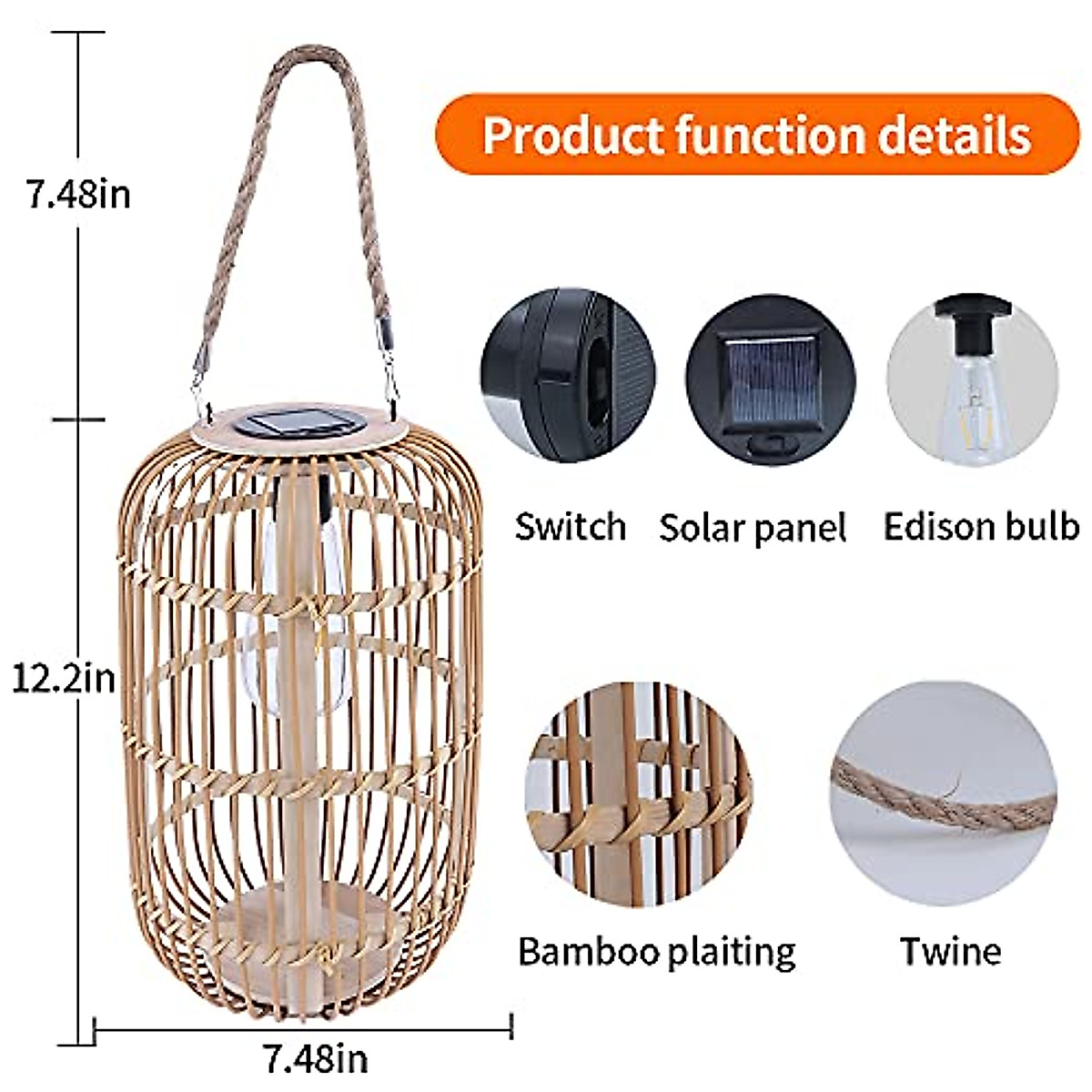 Livinlarge Solar Lantern Outdoor Waterproof, Large Rattan Solar Lantern Outdoor Hanging with Handle, Natural Bamboo Solar Outdoor Lights with Edison Bulb for Garden Patio Yard Tabletop Decoration