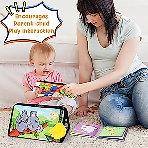 DRMATION Tummy Time Toys, Baby Play Mat 3 in 1 Baby Mirror and 2 Animal Theme Crinkle Cloth Books Kit,Montessori Infant Toys for Babies 0 3 6 9 Months Boys Girls Crawling Sensory Toy