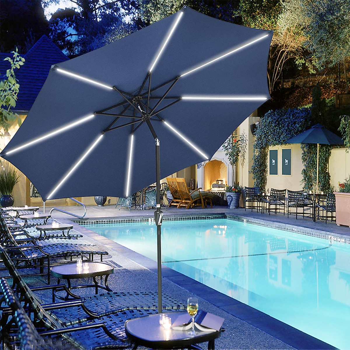 Yescom 9FT 8 Ribs Solar Powered Patio Umbrella with Tilt and Crank Outdoor Market Table Umbrella for Backyard Pool Night Party Event Yard Navy