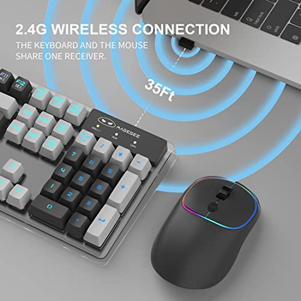 Wireless Gaming Keyboard and Mouse Combo, MageGee V550 2.4G Rechargeable RGB Backlit Keyboard with Clear Shell, Full Size Waterproof Keyboard & LED Mice for PC/Laptop - Gray & Black
