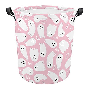 HoaMoya Collapsible Pink Cute Ghost Laundry Basket Freestanding Laundry Hamper With Handles Large Waterproof Cloth Toy Storage Bin for Household Bedroom Bathroom