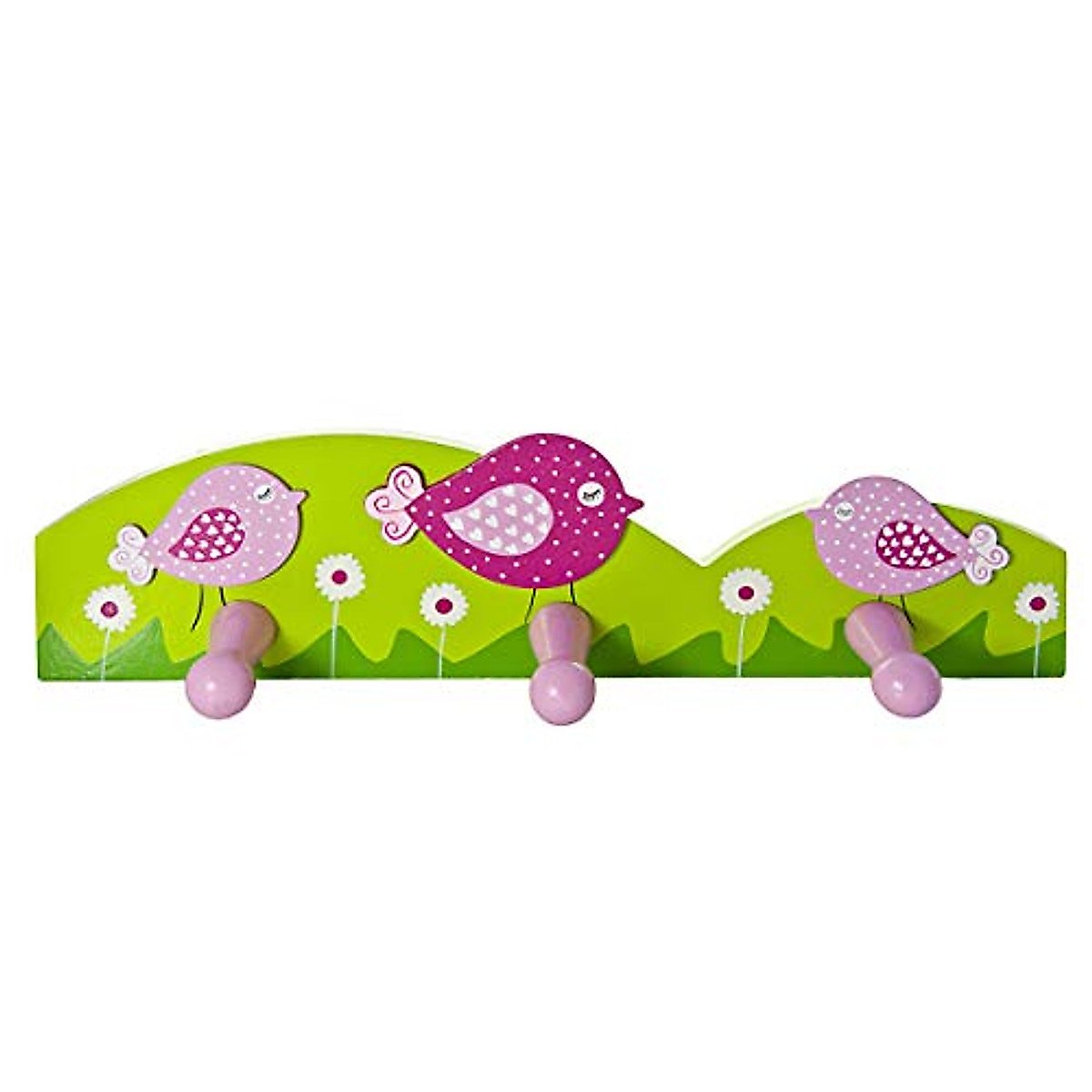 Girls Pink Bird Triple Coat Wall Door Hooks for Girls Bedroom or Nursery