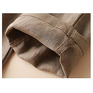 IXIMO Women's Tapered Pants 100% Linen Front Pleated with Button Closure Elastic Waist Trousers Dark Khaki Large