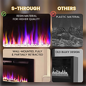 S-THROUGH 42 Inch Electric Fireplace Wall Mounted and Recessed, Linear Electric Fireplace with Remote Control & Timer, Touch Screen, Adjustable Flame Color, 750w/1500w Ultra-Thin Wall Fireplace Heater