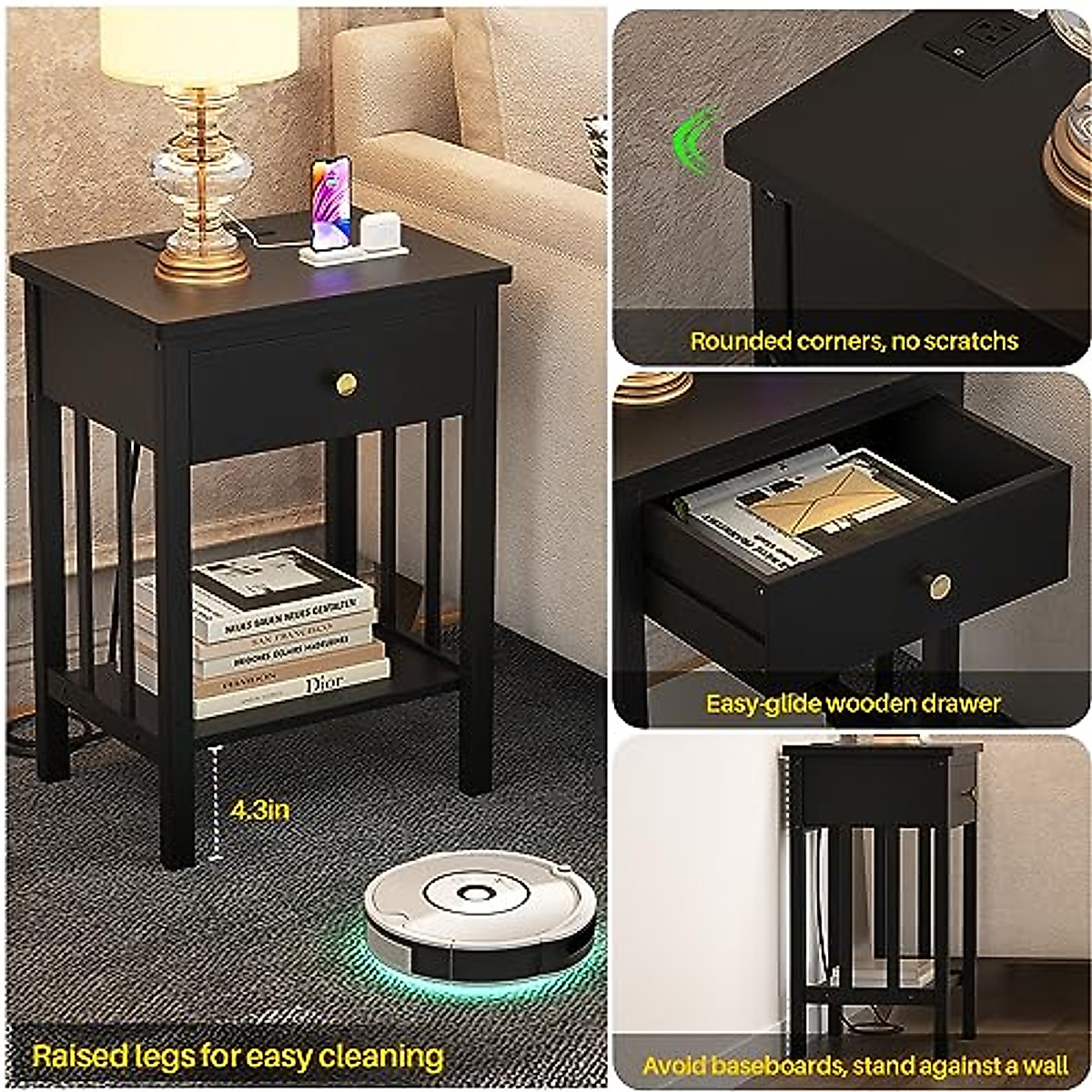 Hoiplu Black Nightstand with Charging Station Set of 2, Bamboo Night Stand Bedside Table with 2 USB Port and Outlet, Real Wood End Table Farmhouse Side Table with Drawer for Bedroom, Living Room