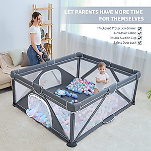 Foldable Baby Playpen, Yobear Large Playpen for Babies and Toddlers with 50 PCS Ocean Balls & 2 Handles, Indoor & Outdoor Kids Safety Play Pen Area, Portable Travel Play Yard (59" × 59", Dark Grey)