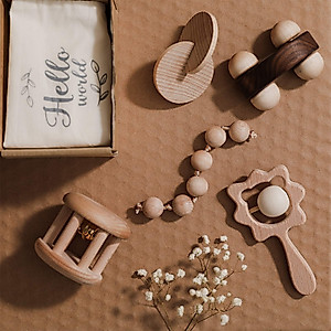 Wooden Baby Toys for Babies 0-6 Mounths, Wooden Rattles Grasping Toys Set, Montessori Wood Baby Push Car and Handbells，Interlocking Dics Toys, Wooden Toy for Newborn Infant Baby Gifts, 5 PCS