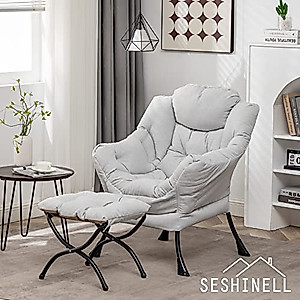 SESHINELL Lazy Chair with Ottoman, Modern Accent Chair Contemporary Lounge Leisure Sofa Chair with Armrests, Reading Chair and Folding Footstool Set for Living Room, Bedroom, Office, Light Grey