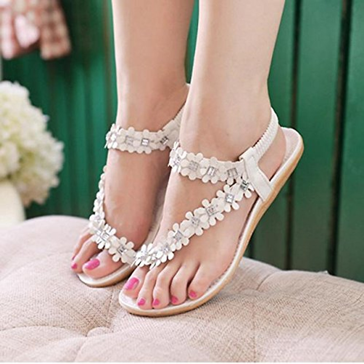 Highly Recommend Great Value Flip-Flop Women Summer Bohemia Flower Beads Flip-Flop Shoes Flat Sandals