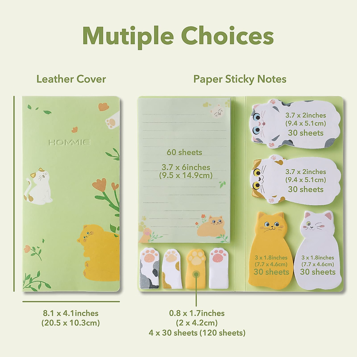 Hommie Cat Sticky Notes Set, Cute Sticky Note Animal Divider Tabs Bundle Writing Memo Pads Page Marker, Sticky Notes Pads for Cat Lovers Kids Office School Supplies Creative Gifts