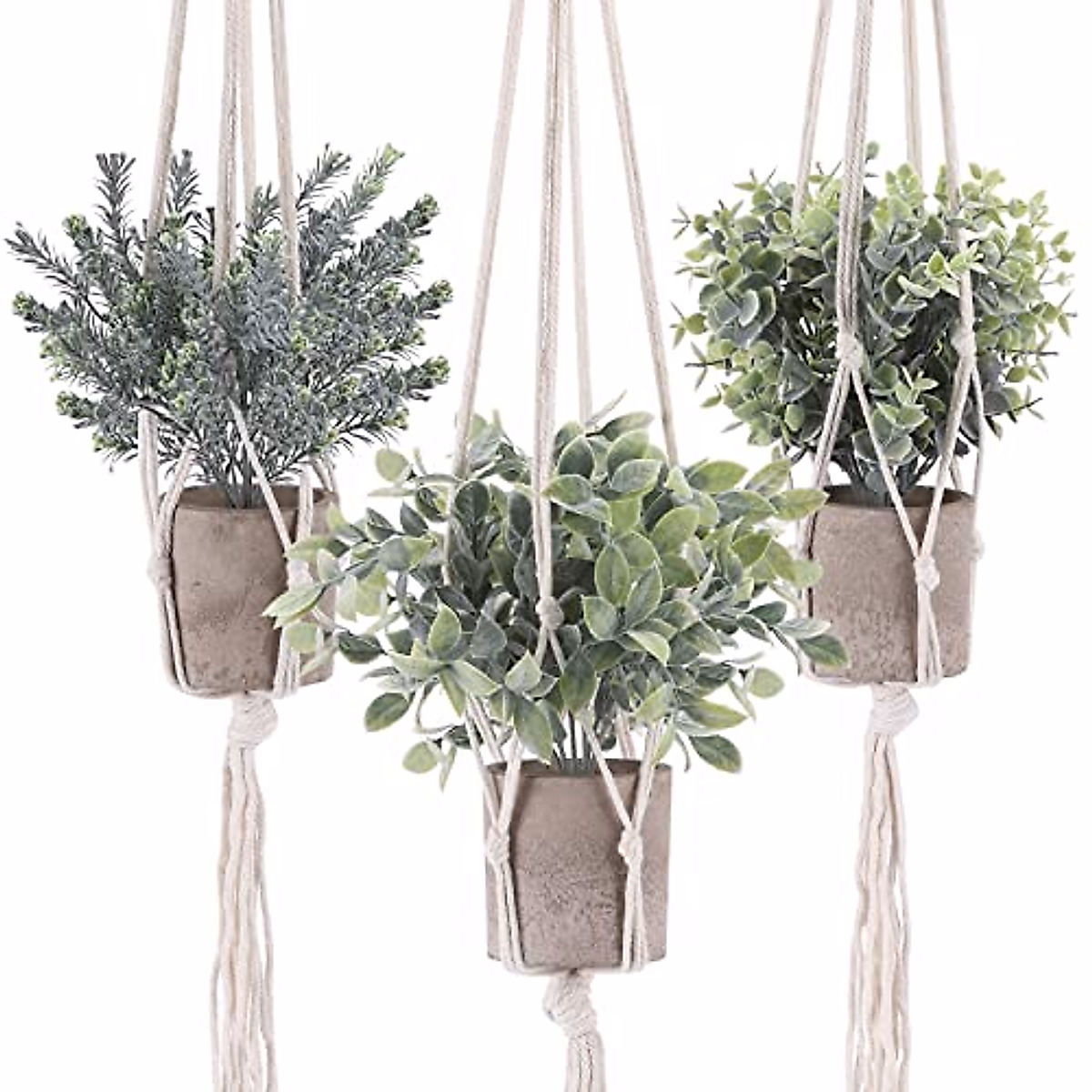 CEWOR Fake Hanging Plants 3 Pack Artificial Plants with 3 Macrame Plant Hangers Mini Potted Fake Plants Faux Plastic Eucalyptus Rosemary Plants for Home Office Bathroom Kitchen Farmhouse Room Decor