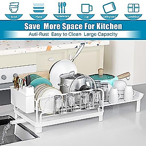 caktraie Dish Drying Rack - Expandable Dish Rack for Kitchen Counter, Rust-Proof Kitchen Dish Drying Rack with Utensil Holder, Cups Holder, White