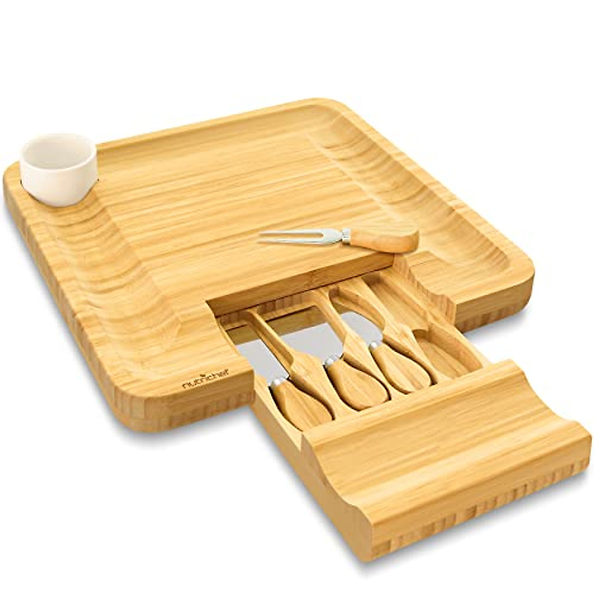Bamboo Cheese Cutting Board Set - Flat Wood Serving Platter for Picnic Food or Wine, Rectangle Fruit and Meat Plate Kit w/Bowl, Closing Drawer Tray, 4 Stainless Steel Knives - NutriChef PKCZBD10
