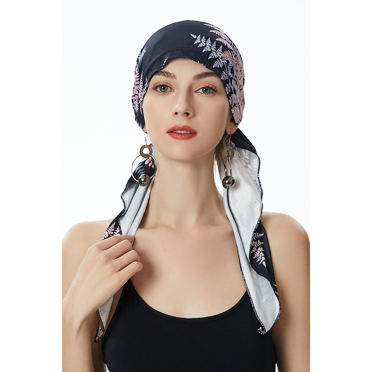 ZLYC Chemo Headwear Pre Tied Head Scarf Headwraps Lightweight Turban Beanie Cap for Women (Leaves Pink Black)