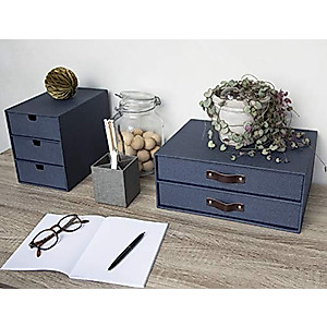 Bigso Birger 2-Drawer Canvas Fiberboard Easy Pull Handle Document Letter Box, 5.7 x 13 x 9.8 in, Blue