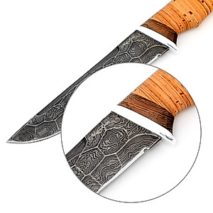 Nazarov Premium Damascus Hunting Knife - Handmade VEPR Damascus Steel Knife with Sheath - Hand Forged Sharp Fixed Blade Knives with Non-Slip Birchbark Handle - Well Balanced Survival Knife with Sheath
