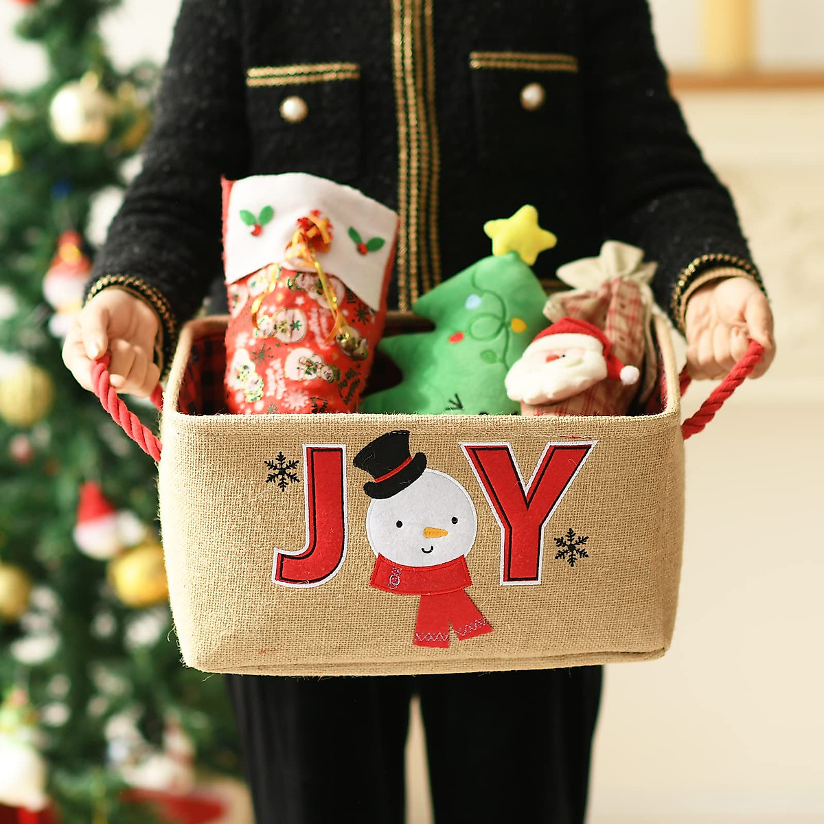 INough Gift Baskets Empty Large Christmas Basket Christmas Empty Christmas Gift Baskets with Handles Collapsible Christmas Storage Baskets, Holiday Baskets for Kidsroom Nursery Play Room (Large, Joy)