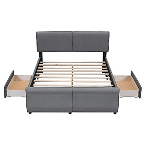 RUNWON Queen Size Upholstered Platform Bed Frame with Underneath 2 Storage Drawers and Comfortable Headboard for Kids Adults