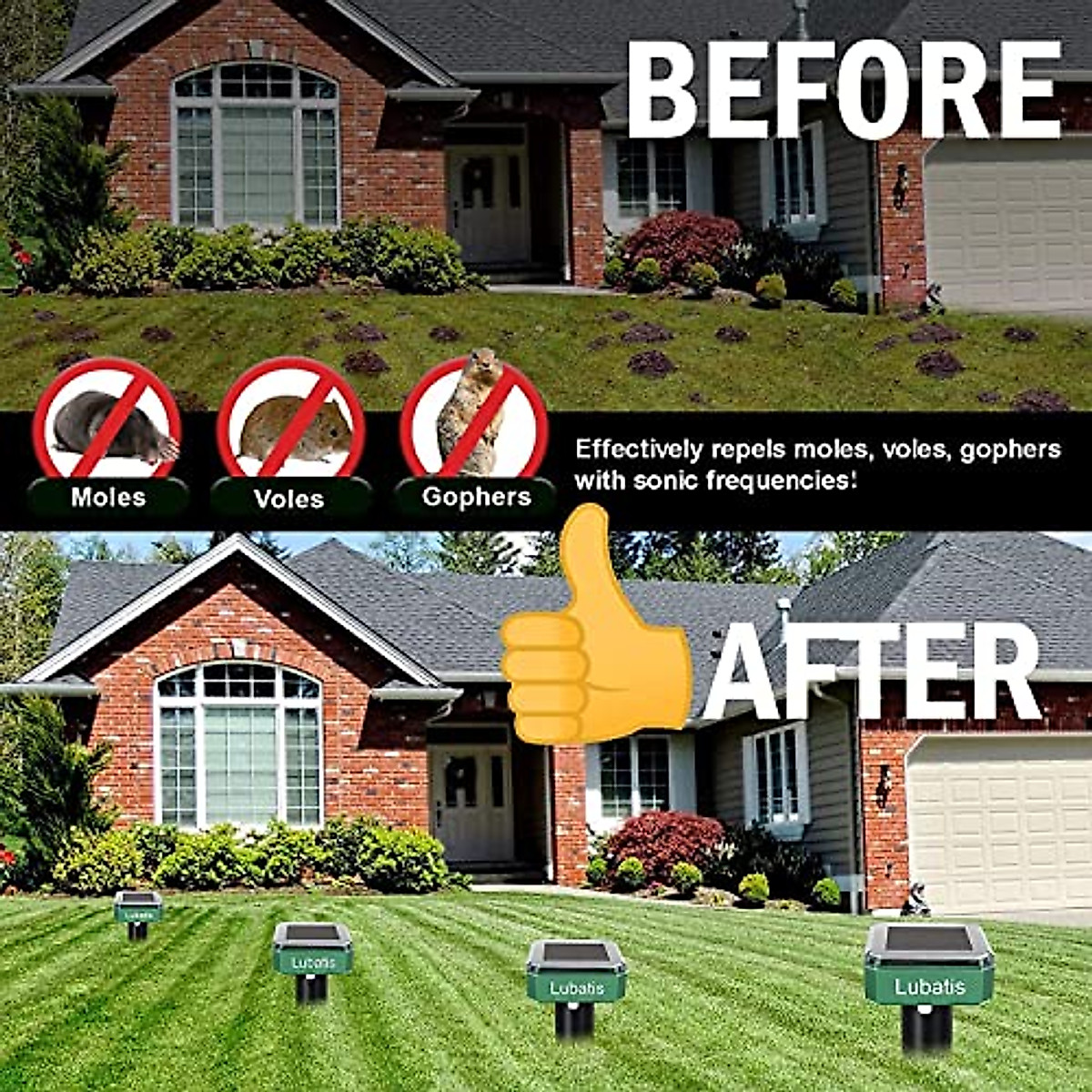 6 PK Solar Mole Repellent Outdoor Ultrasonic Gopher Control Spikes, Groundhog Repeller Snake Rodent Gopher Spikes Chaser Pest (6)