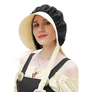 FURPHI Women's Colonial Pioneer Bonnet Hat Linen Victorian Pilgrim Headwear (Black)
