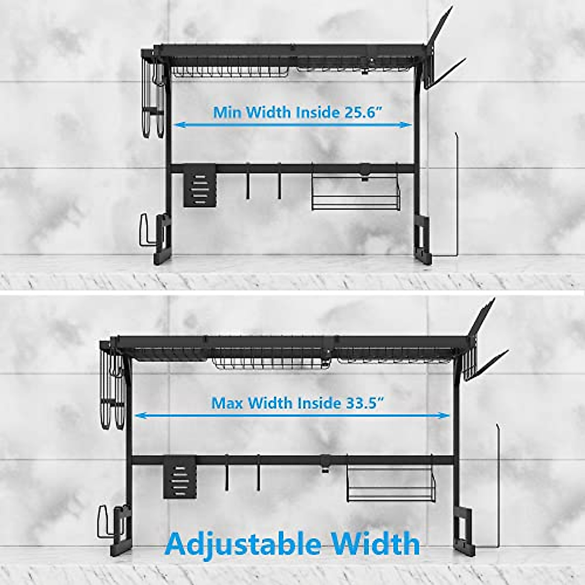 HEITICUP 2 Tier Dish Drying Rack, Adjustable & Space-Saving Over The Sink Dish Drying Rack(from 25.6" to 33.5") Multifunctional Black Stainless Steel Dish Drying Rack