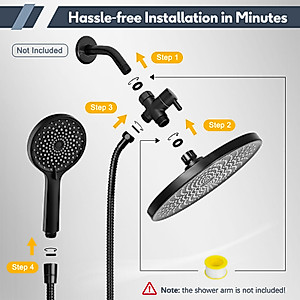 Lanhado 8.5'' Matte Black Shower With Handheld Spray, High Pressure Rainfall Head and Anti-Leak Holder, 4 Settings, Waterfall Upgrade