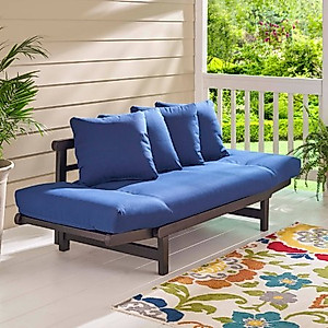 Outdoor Convertible Sofa Daybed Futon Deep Seating Adjustable Wood Patio Furniture with Blue Cushions