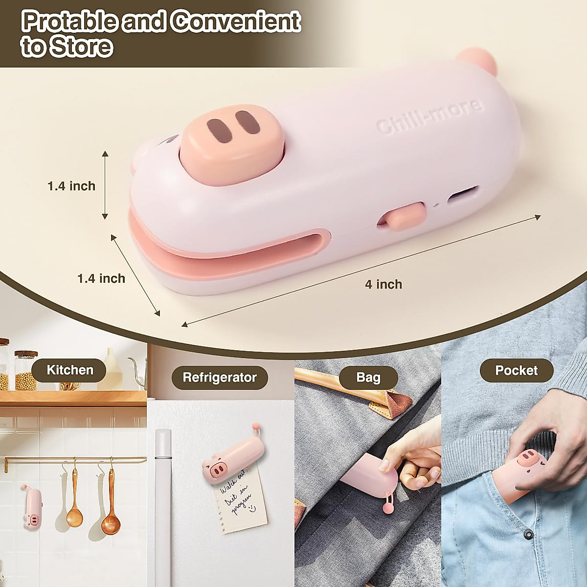 Mini Bag Sealer, USB-C Rechargeable Bag Sealer, Cute Little Pig Heat Seal, Gently Pull to Quickly Seal, Convenient for Storing Snacks, Fruits, Food, and Daily Necessities, Beautiful Kitchen Gadgets