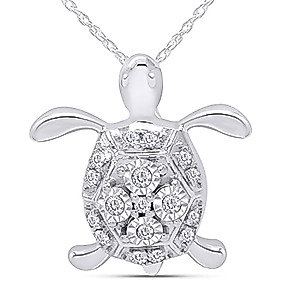 AFFY 0.13 Carat (ctw) Round White Natural Diamond Turtle Pendant Necklace in 14K Gold Over Sterling Silver (white-gold-plated-silver)