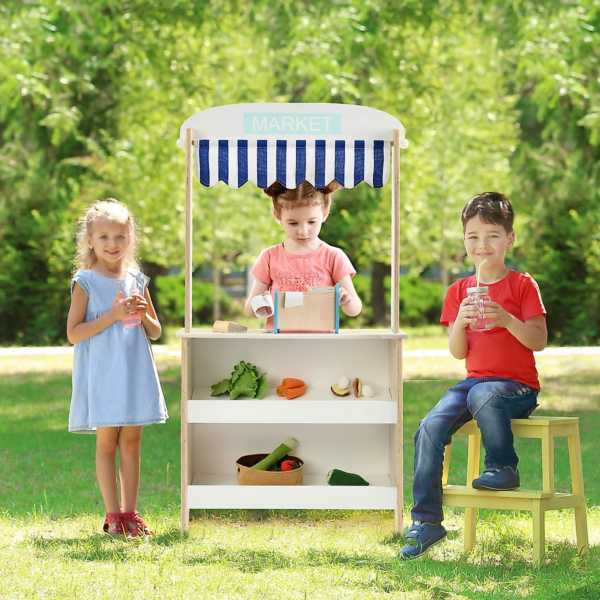 labebe - Wood Puppet Theater, Flannel Curtain Puppet Stage Theater, 2-Sided Tabletop Puppet Stage Chalkboard, 2-in-1 Puppet Theater Reversible Play Store, Multi-Function Theater for Ages 3 and up