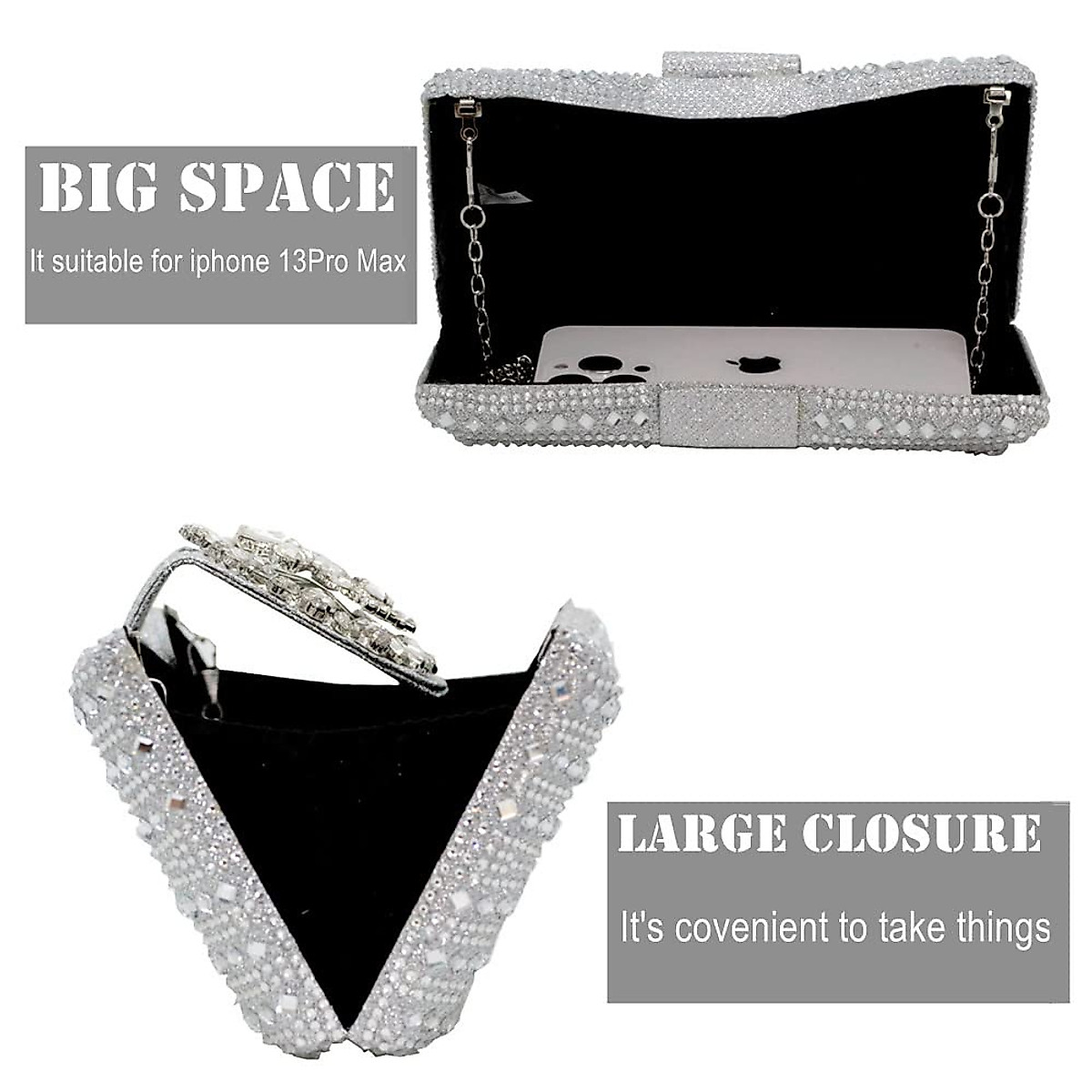 Chaliwini Bow Clutch With Rhinestone Silver Purses for Women Evening Bag Party Flower handbag (Silver)