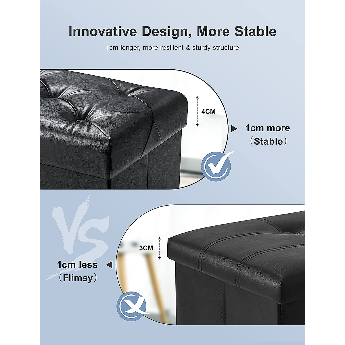 Nicehill 30 inches Folding Storage Ottoman Bench with Wooden Legs, Ottoman with Storage for Living Room & Bedroom,Faux Leather, Load 350lbs, Black