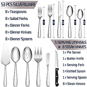 HaWare 53 Pieces Silverware Set with Steak Knives and Serving Utensils, Stainless Steel Flatware Cutlery Set for 8, Fancy Tableware Eating Utensils for Home Restaurant, Mirror Polish, Dishwasher Safe