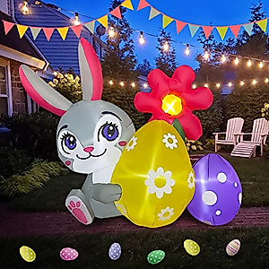 BLOWOUT FUN 5ft Inflatable Easter Bunny with Flower and Egg Decoration, LED Lighted for Indoor Outdoor Blow Up Lawn Yard Decor