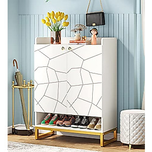 Tribesigns Shoe Cabinet, 6-Tiers Shoe Storage Cabinet with Doors for Entryway, White Gold Free Standing Shoe Cabinet Storage Organizer with Open Shelf for Living Room, Bedroom,Closet