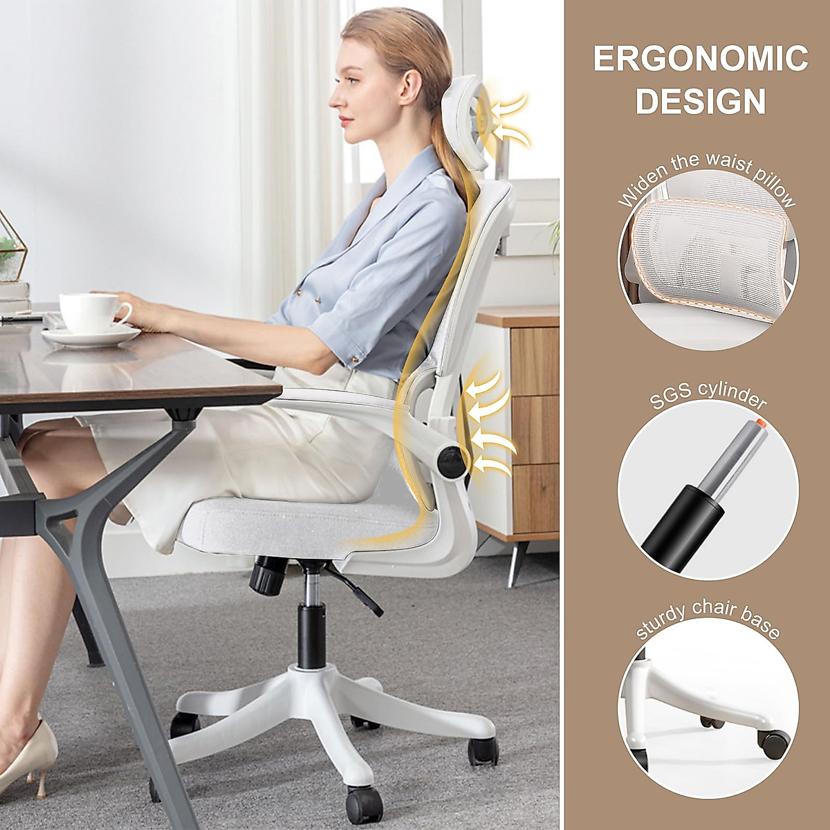 XUEGW Ergonomic Office Chair Comfort Home Desk Chair Adjustable High Back Mesh Chair Lumbar Support Computer Chair with Flip-up Arms for Work, Study, Gaming,White Mesdh Chair
