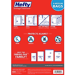 Hefty Shrink-Pak Vacuum Storage Bags – For Clothes, Pillows, Towels, Blankets & More – Space Saver Vacuum Suction Sealer Bags for Home or Travel – 6 Medium Bags, 23 x 18 Inches