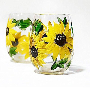 Brushes with a View Handmade Sunflower Stemless Wine Glasses, Gift for Women, Sunflower Kitchen Decor, Rustic Country Farmhouse, Set of 2, Hand Painted