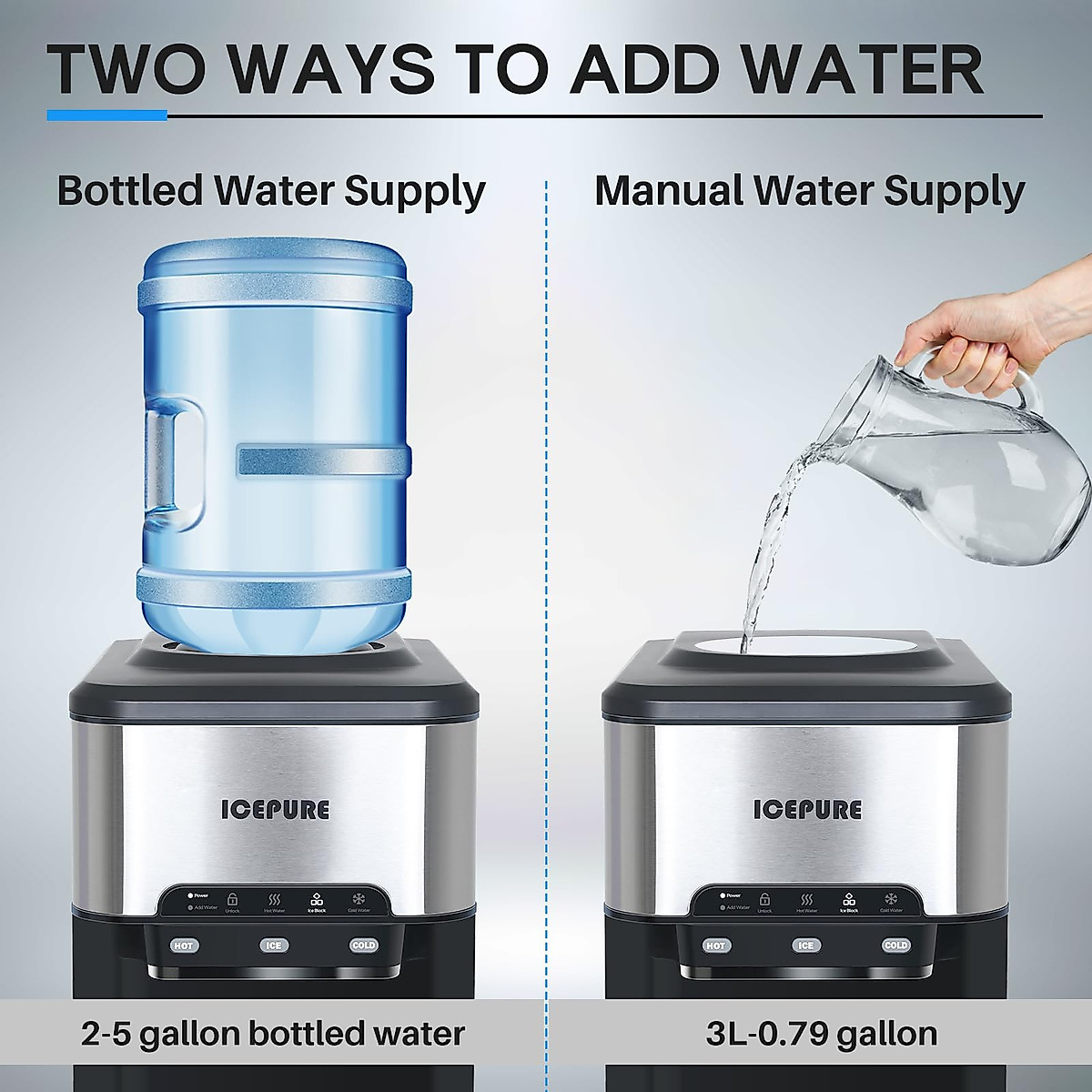 ICEPURE Countertop Water Cooler Dispenser with Ice Maker, 3 in 1 Top-Loading Hot&Cold Water Dispenser 5 Gallon, 3 Temperatures Setting- Hot&Cold Water, Portable Ice Makers for Home Kitchen Office Bar