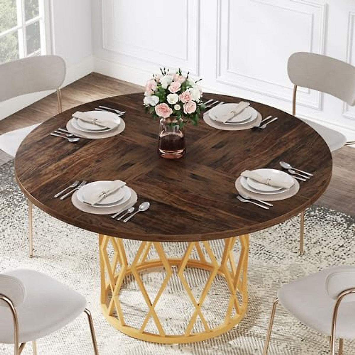 Tribesigns Round Dining Table for 4 People, Circle Dining Room Table with Metal Base, 47.2 Inch Round Kitchen Dinner Table for Living Room Kitchen Dining Room (Gold and Brown)