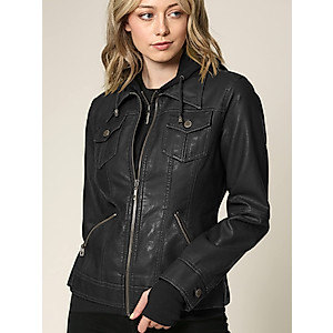 Made By Johnny MBJ WJC664 Womens Faux Leather Jacket with Hoodie M Black